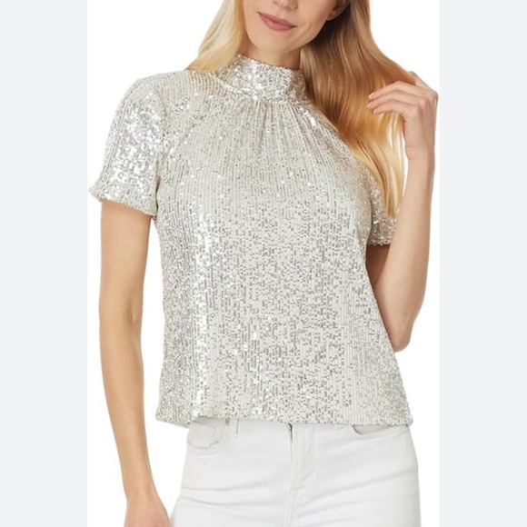 CeCe | Tops | Cece Sparkling Silver Short Sleeve Sequin Top With Back ...